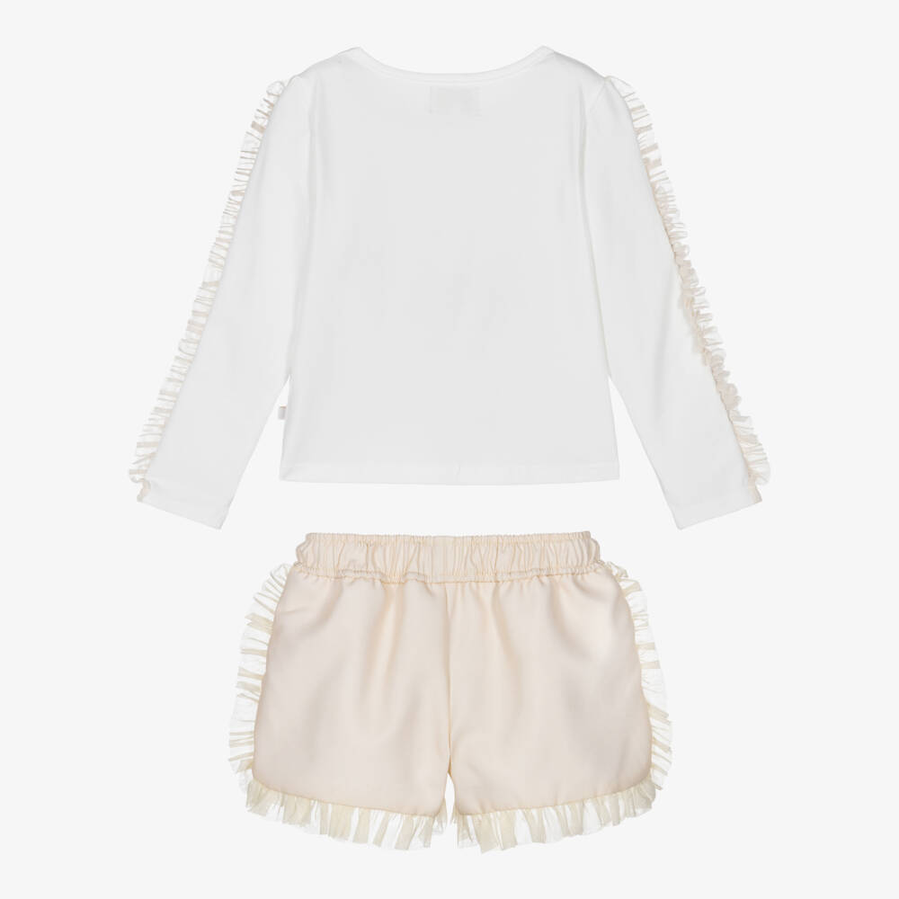 Caramelo Kids - Girls White & Beige Tulle Frill Shorts Set | Childrensalon