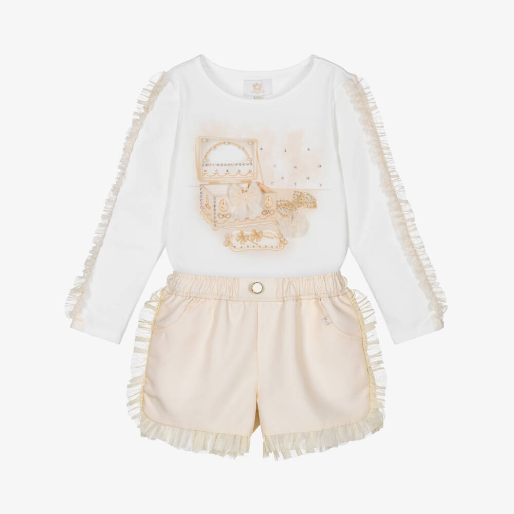 Caramelo Kids - Girls White & Beige Tulle Frill Shorts Set | Childrensalon