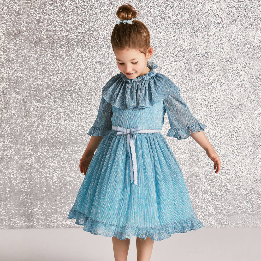 Childrensalon Occasions - Girls Sparkly Blue Plissé Dress | Childrensalon