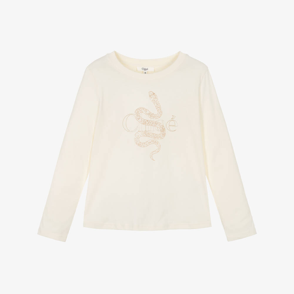 Chloé - Girls Ivory Snake Logo Organic Cotton Top | Childrensalon