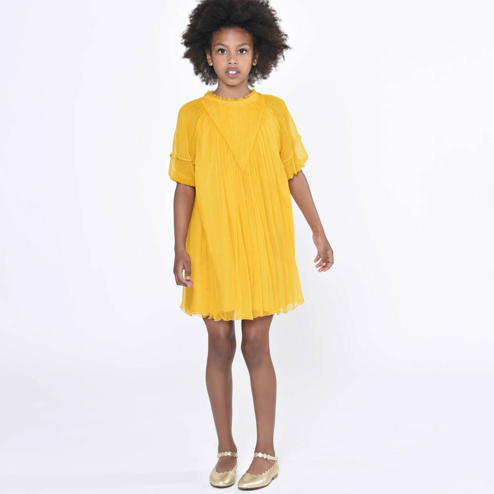 Chloé - Girls Yellow Silk Chiffon Dress | Childrensalon