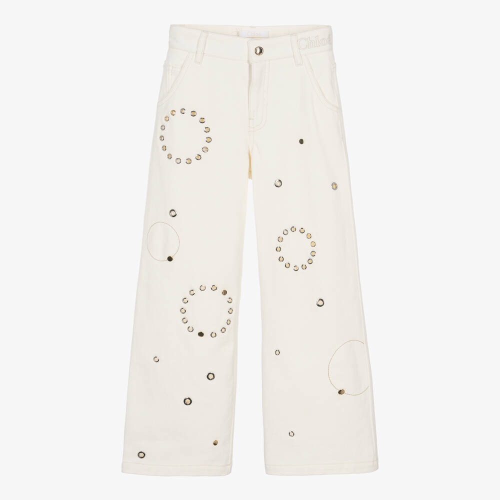 Chloé - Teen Girls Ivory Denim Eyelet Jeans | Childrensalon