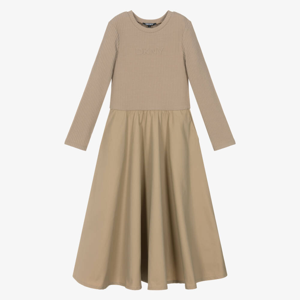 DKNY - Girls Beige Cotton Long Dress | Childrensalon