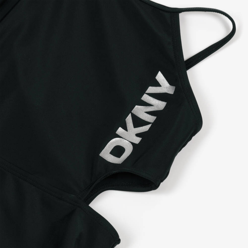 DKNY - Girls Black Metallic Logo Swimsuit | Childrensalon