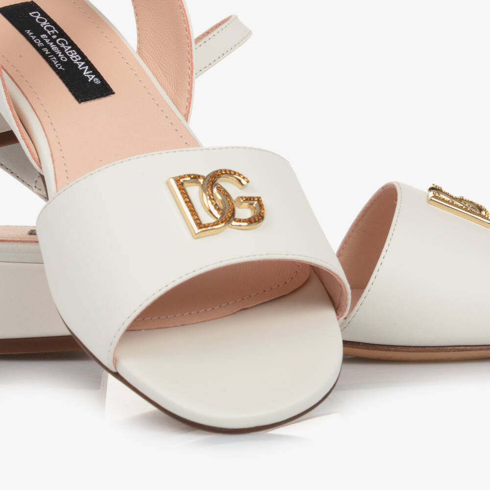 Dolce & Gabbana - Girls White Leather DG Heeled Sandals | Childrensalon