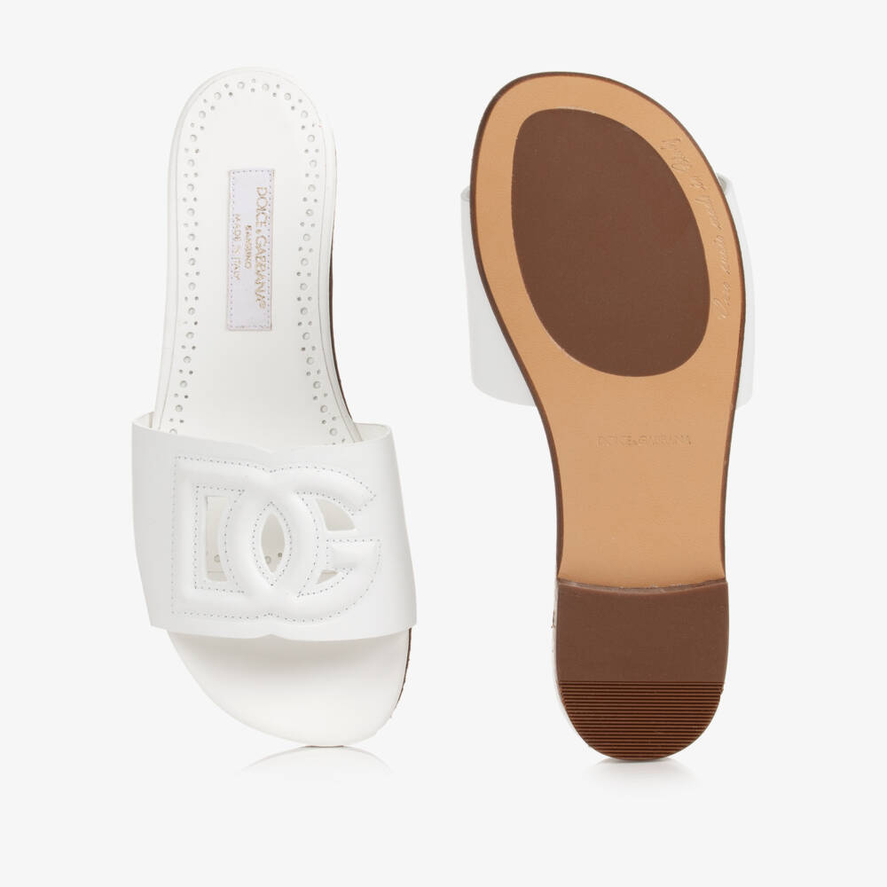 Dolce & Gabbana - Girls White Leather DG Sliders | Childrensalon
