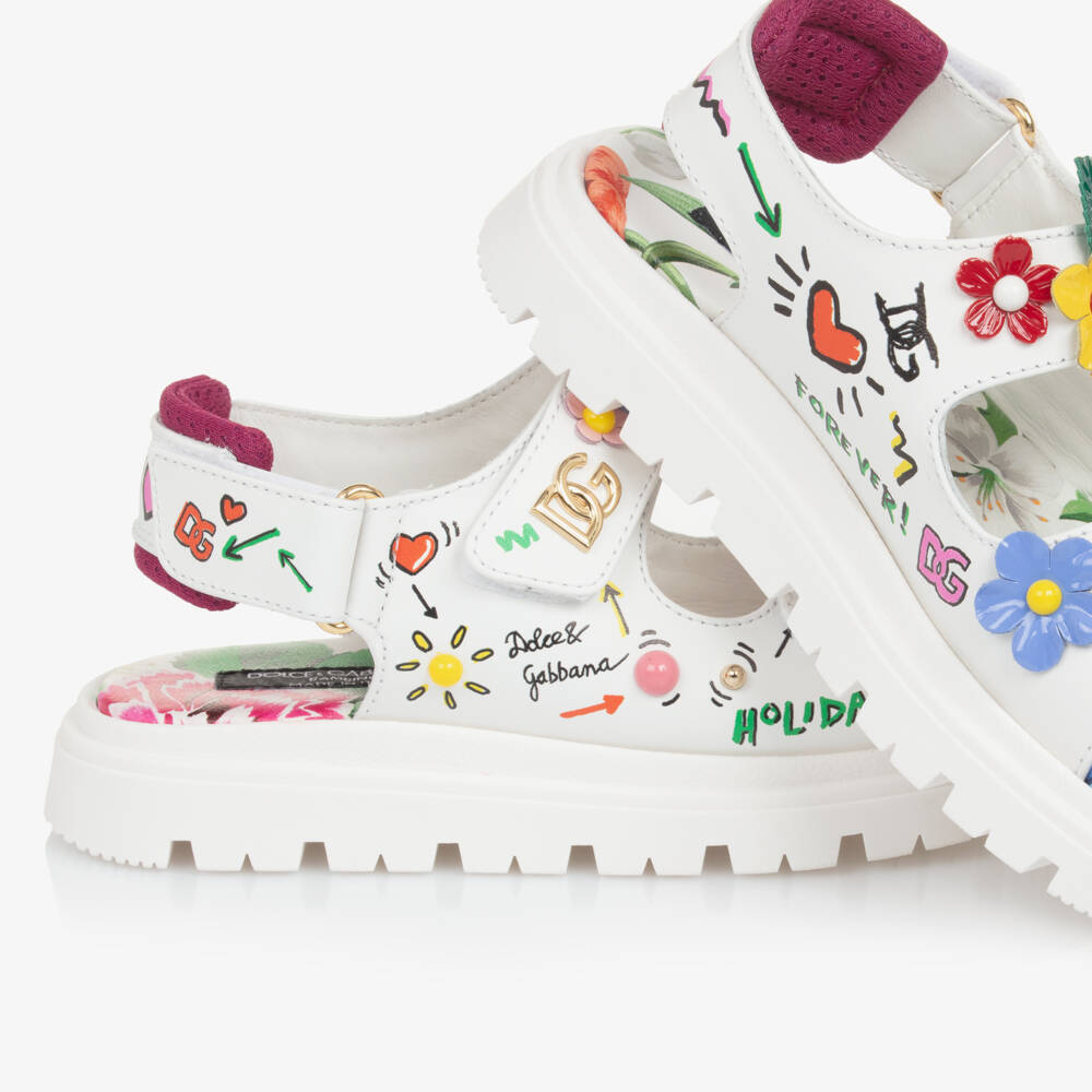 Dolce & Gabbana - Girls White Leather Flower Sandals | Childrensalon