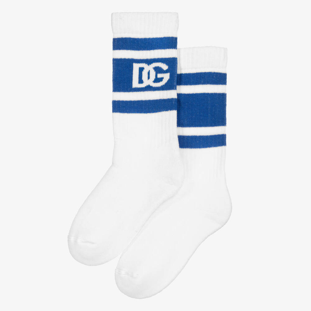 Dolce & Gabbana - White & Blue Cotton DG Logo Socks | Childrensalon