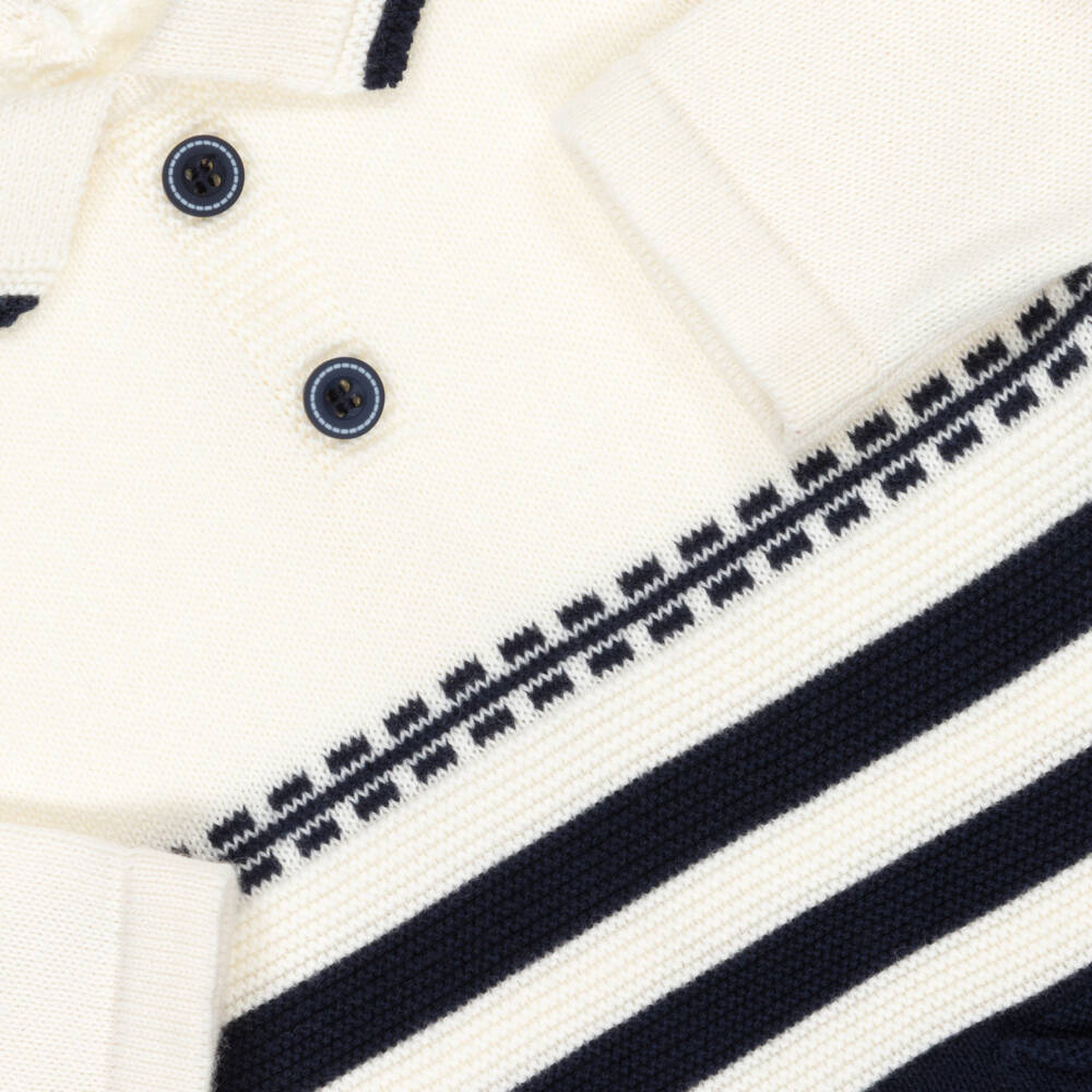 Dr. Kid - Boys Ivory & Blue Knit Babygrow | Childrensalon