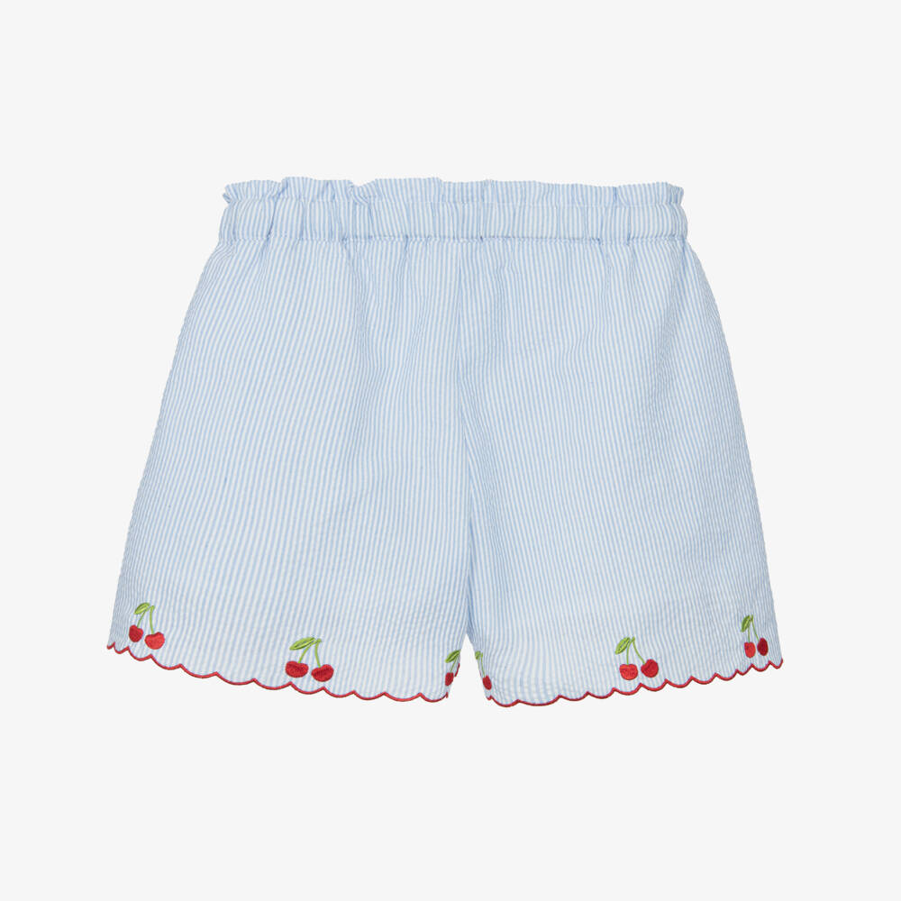 Dr. Kid - Girls Blue Cotton Stripe Cherry Shorts | Childrensalon