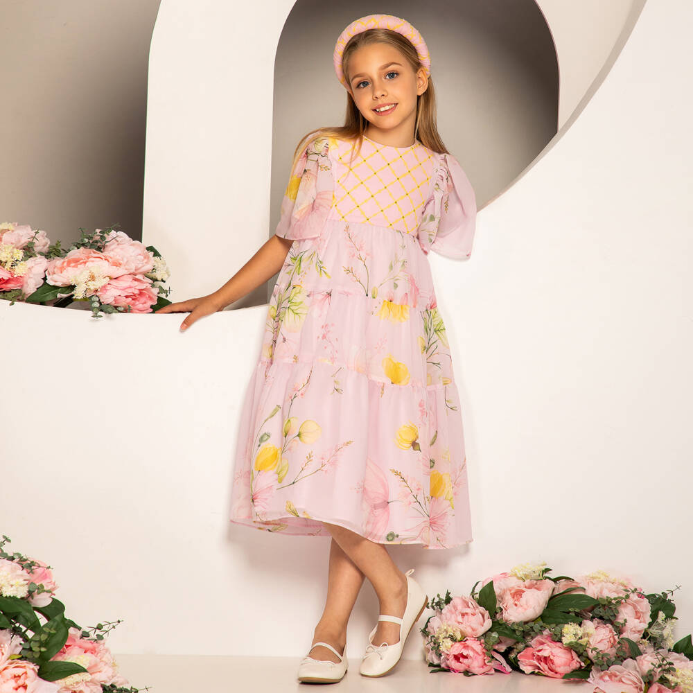 EIRENE - Girls Pink Chiffon Floral Midi Dress | Childrensalon