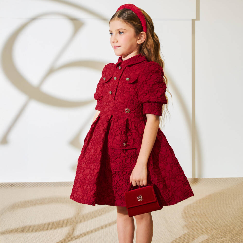 Elie Saab - Girls Red Satin Dress with 3D Pattern & Embroidered Logos ...