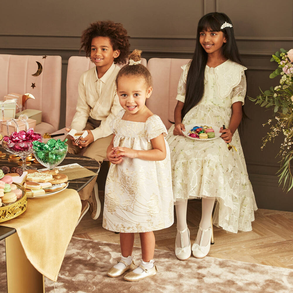 Emporio Armani - Baby Girls Ivory & Gold Jacquard Dress | Childrensalon