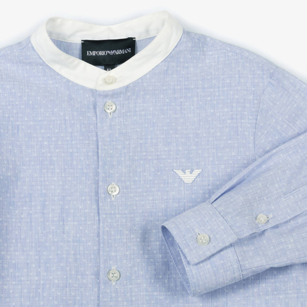 Emporio Armani - Boys Blue Patterned Cotton Shirt | Childrensalon