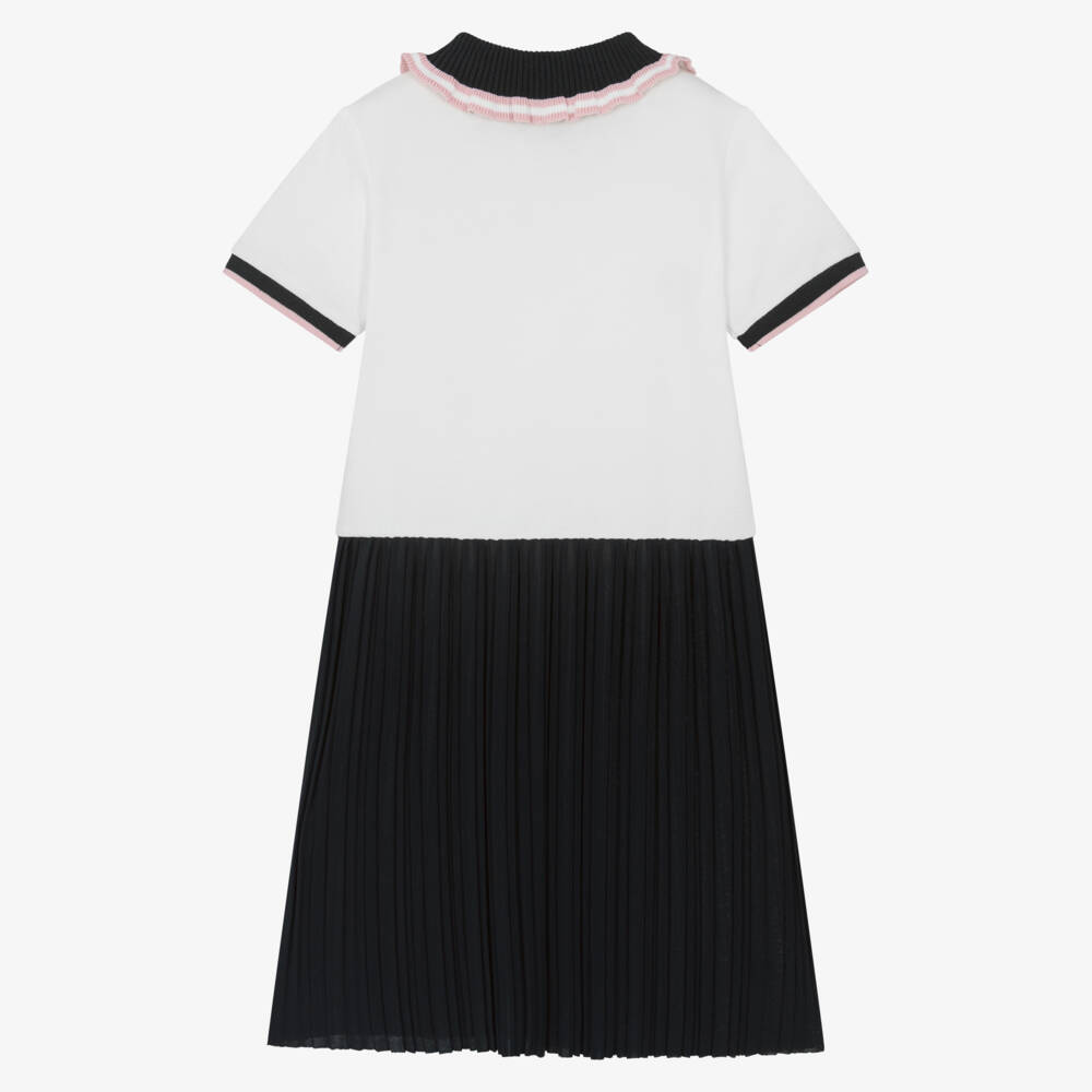 Emporio Armani - Girls White Piqué & Navy Blue Pleated Dress ...