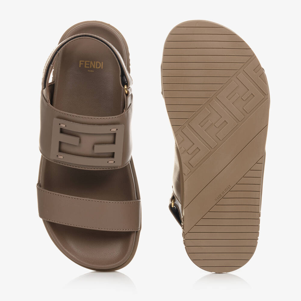Fendi - Teen Brown Leather FF Sandals | Childrensalon