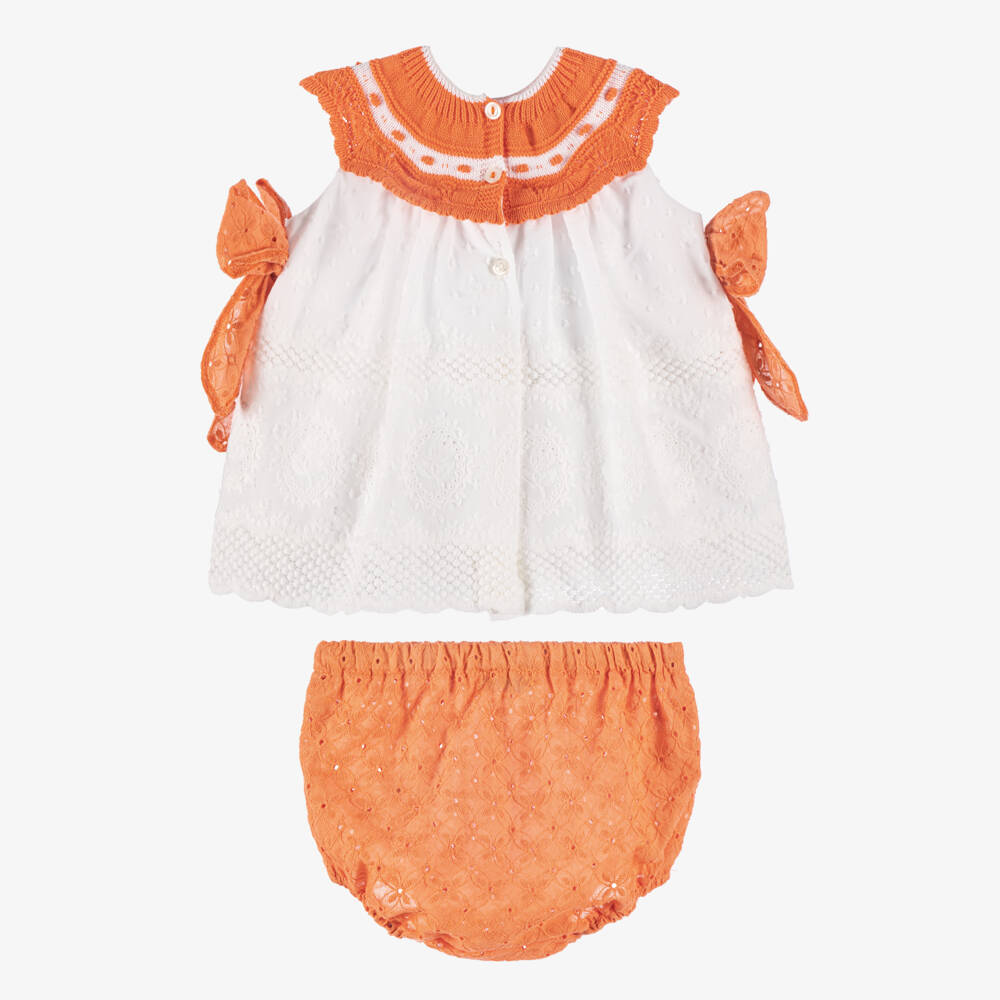 Foque - Baby Girls White & Orange Broderie Anglaise Dress | Childrensalon