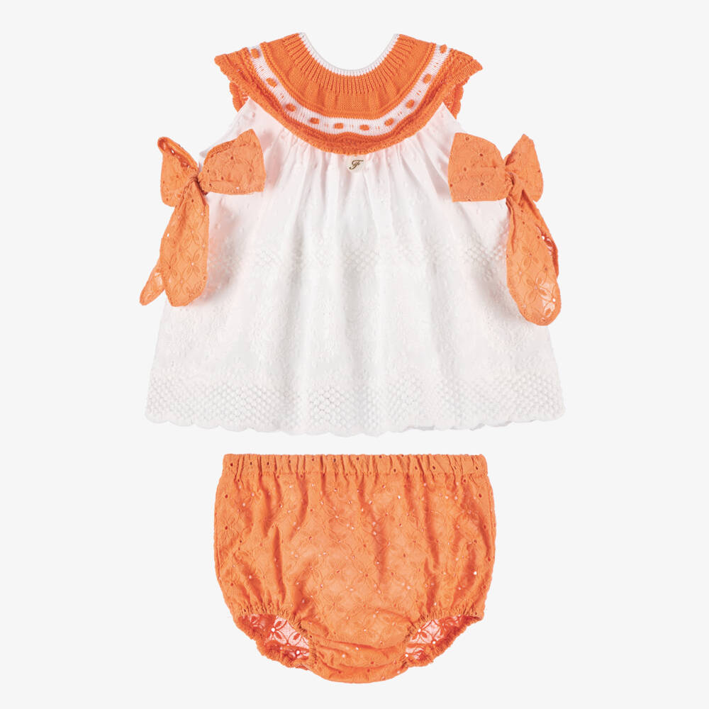 Foque - Baby Girls White & Orange Broderie Anglaise Dress | Childrensalon