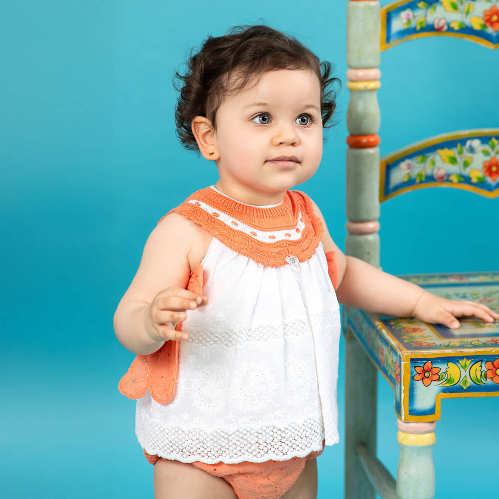 Foque - Baby Girls White & Orange Broderie Anglaise Dress | Childrensalon
