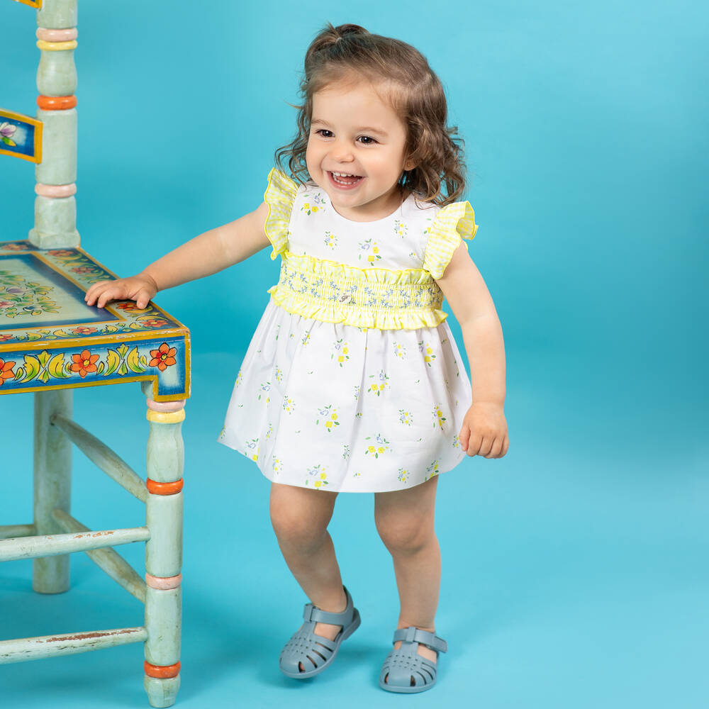 Foque - Baby Girls White & Yellow Cotton Dress | Childrensalon