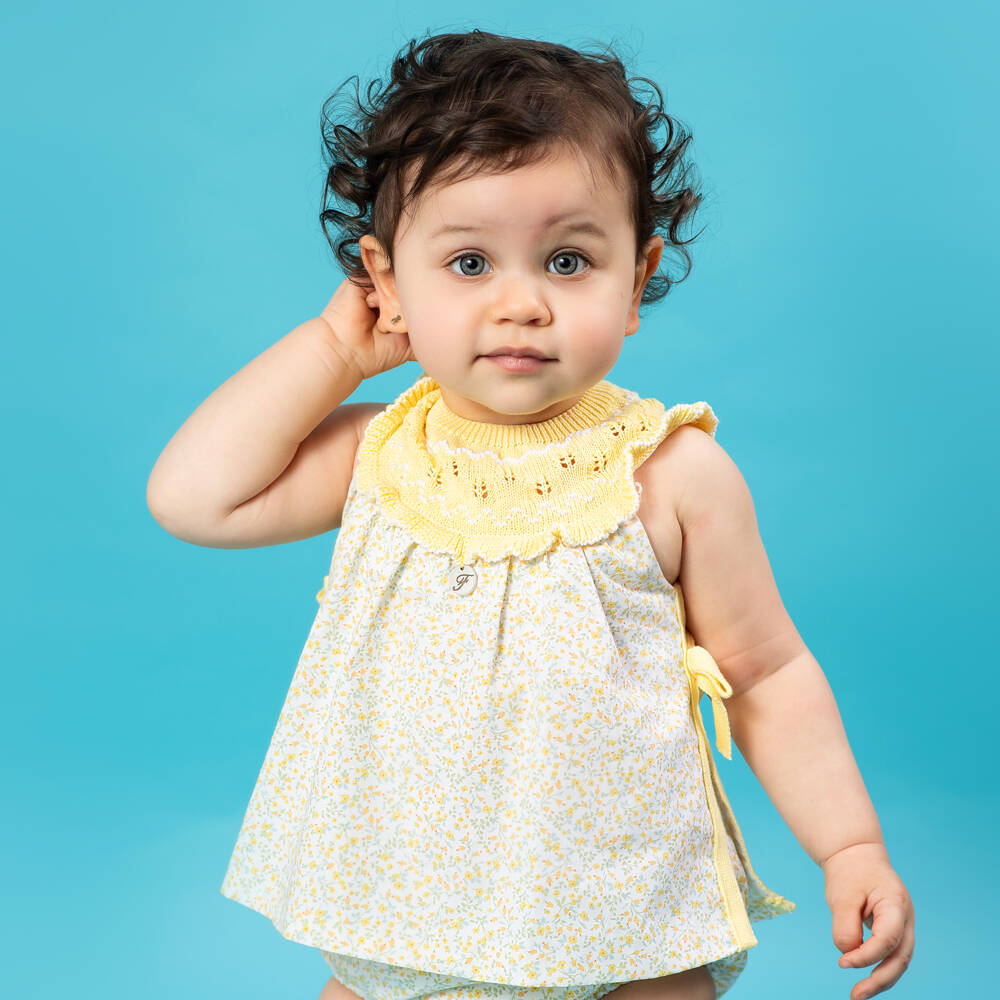 Foque - Baby Girls Yellow Cotton Ditsy Floral Dress Set | Childrensalon