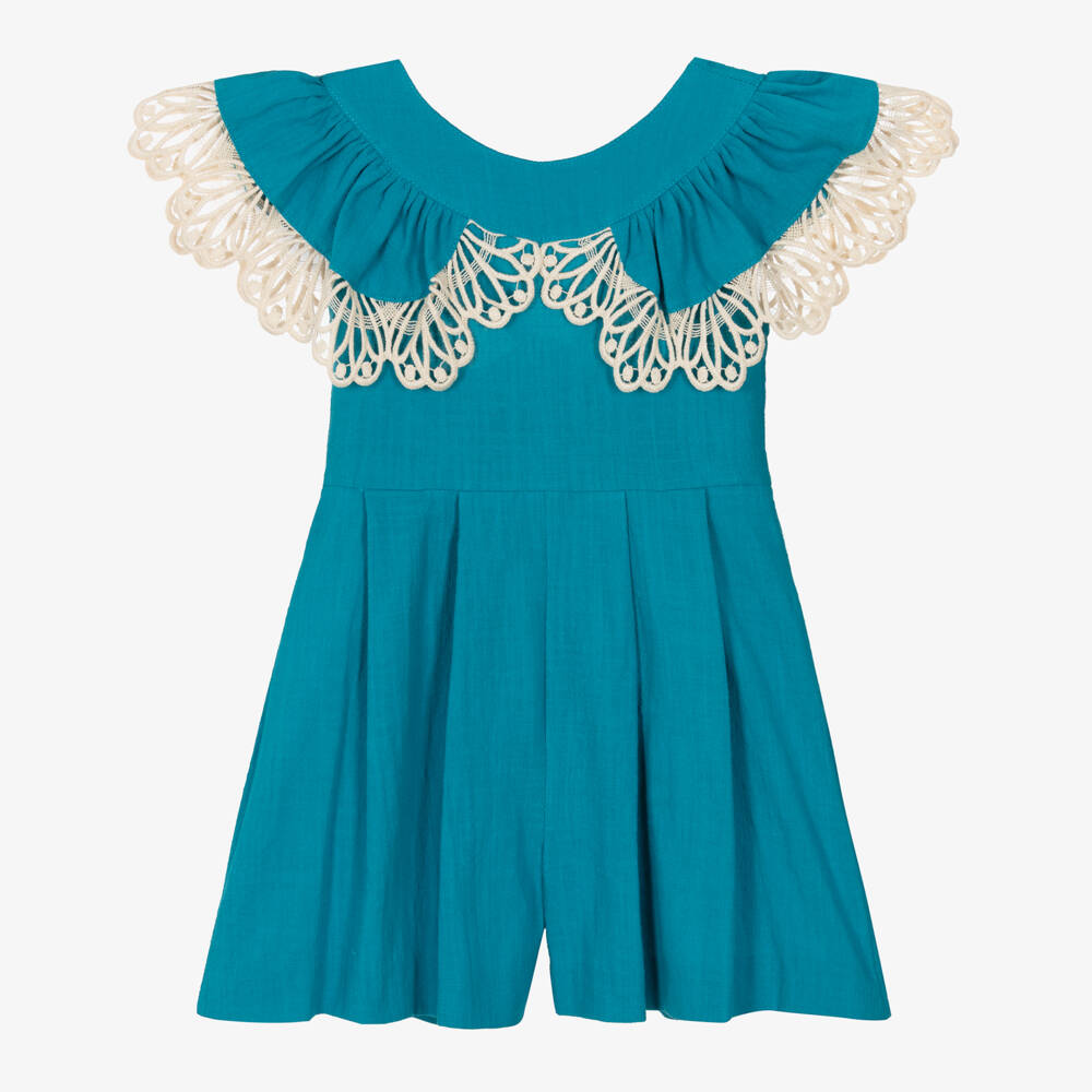 Foque - Girls Blue Cotton Lace Frill Playsuit | Childrensalon