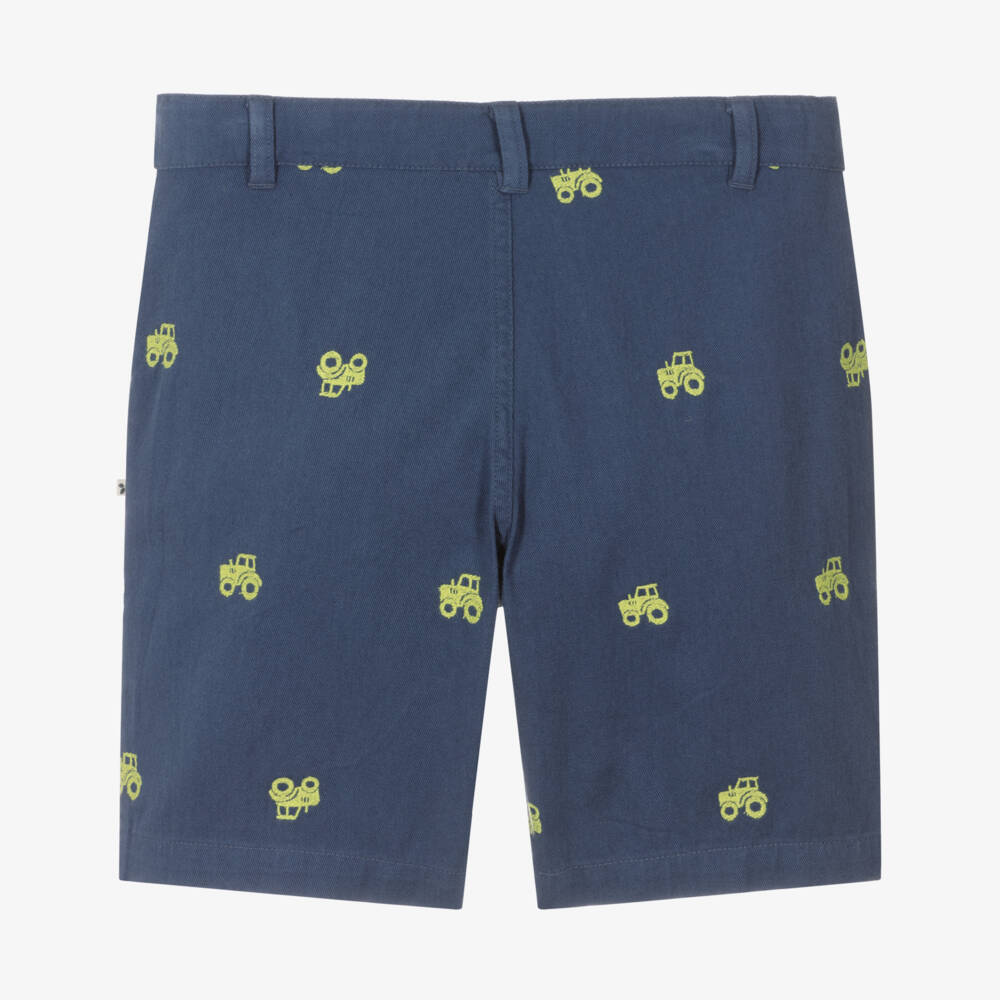 Frugi - Boys Blue Cotton Embroidered Tractor Shorts | Childrensalon