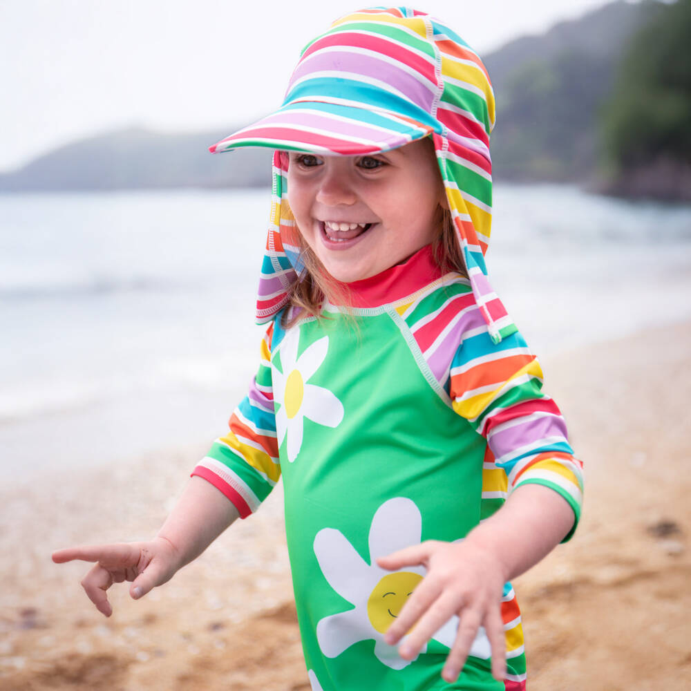 Frugi - Girls Green & Striped Sun Suit (UPF50+) | Childrensalon