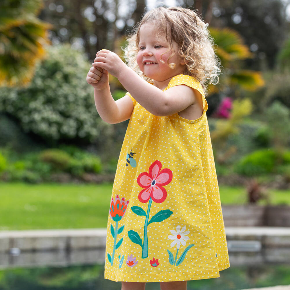 Frugi - Girls Yellow Organic Cotton Flower Dress | Childrensalon