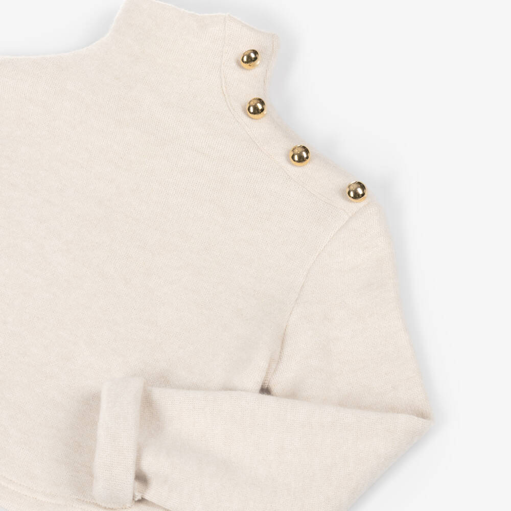 Fun & Fun - Girls Beige Roll Neck Knitted Jumper | Childrensalon