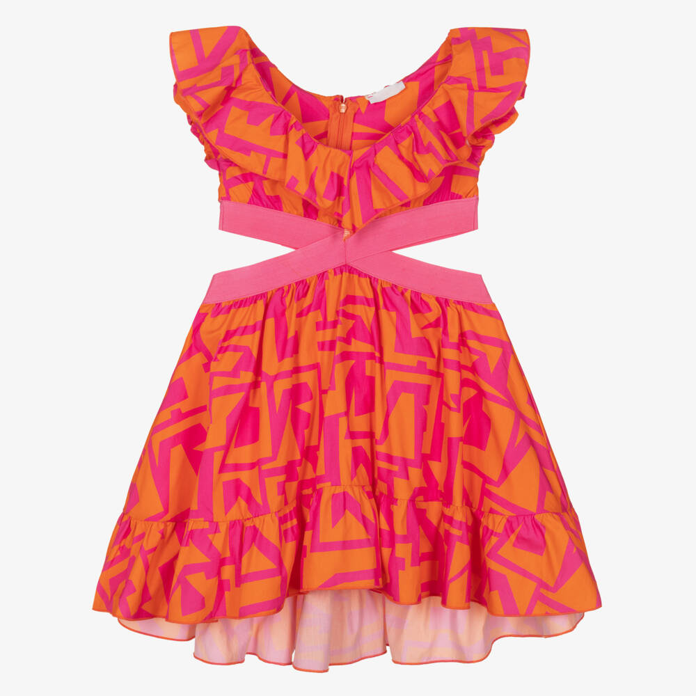 Fun & Fun - Girls Orange & Pink Cotton Poplin Dress | Childrensalon
