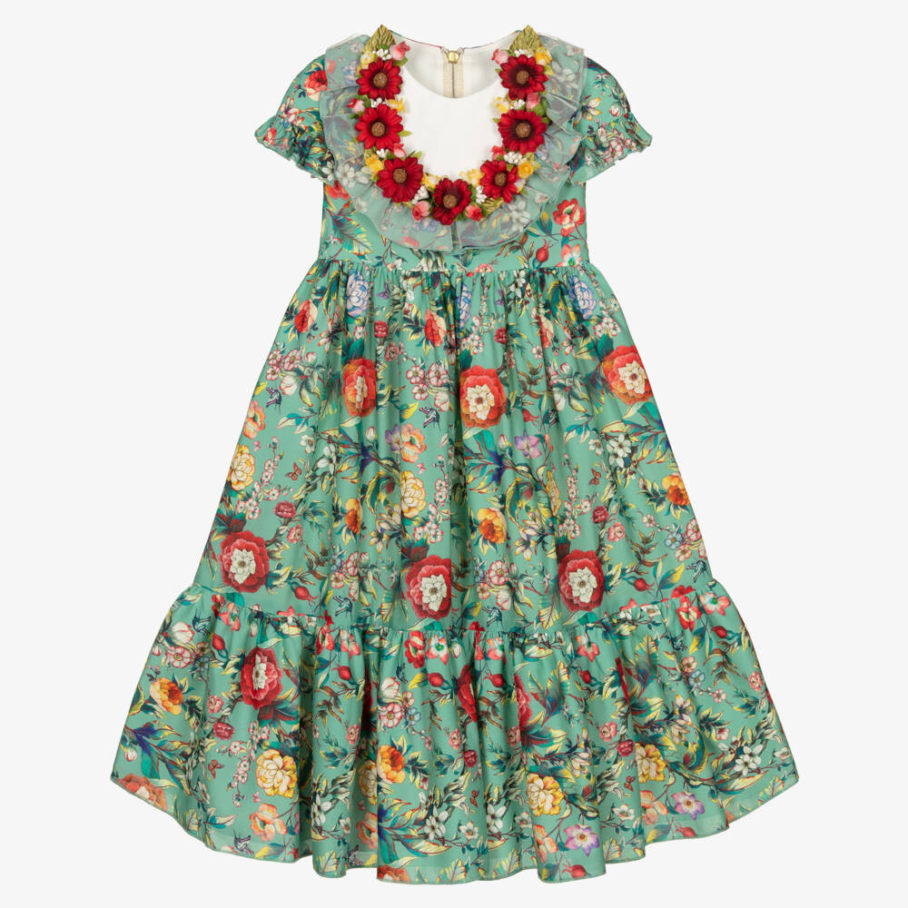 Graci - Girls Green Floral Dress | Childrensalon
