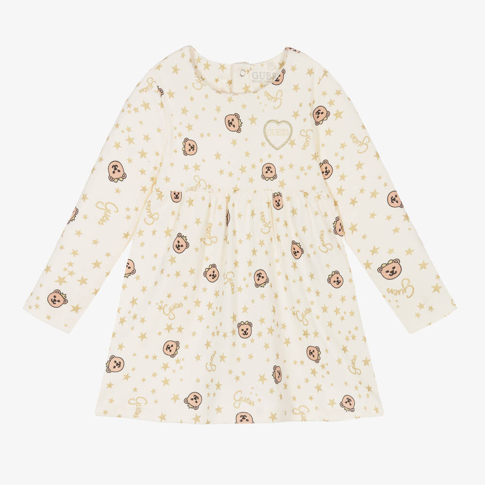 Guess - Baby Girls Ivory Cotton Teddy Dress | Childrensalon