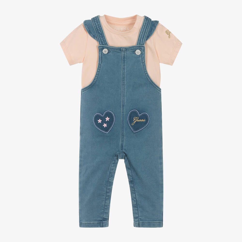 Guess - Baby Girls Pink & Blue Dungaree Set | Childrensalon