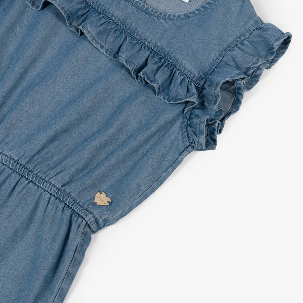 Guess - Girls Blue Ruffle Chambray Playsuit | Childrensalon