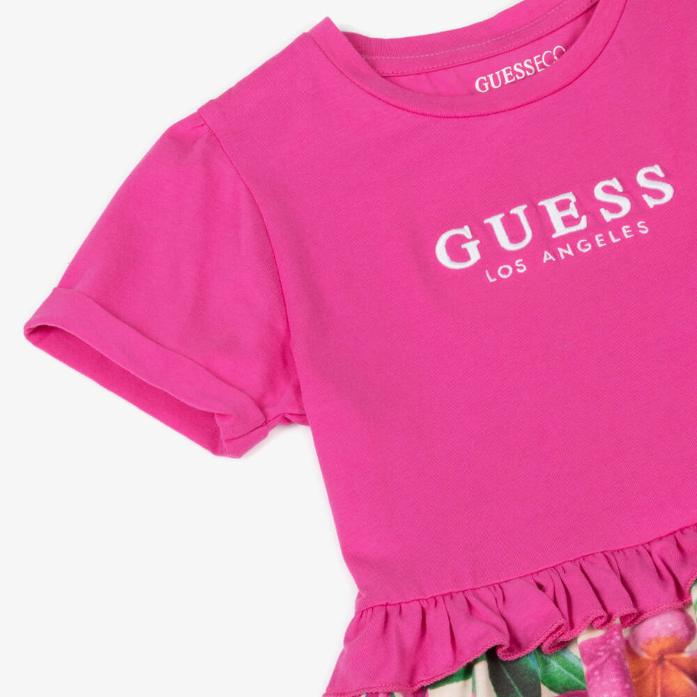 Guess - Girls Pink & Ivory Floral Cotton Jersey Dress | Childrensalon