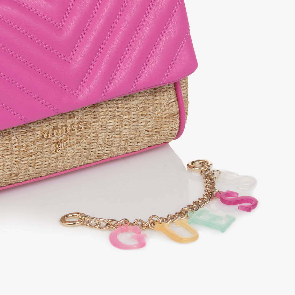 Guess - Girls Pink Straw & Logo Charm Bag (19cm) | Childrensalon