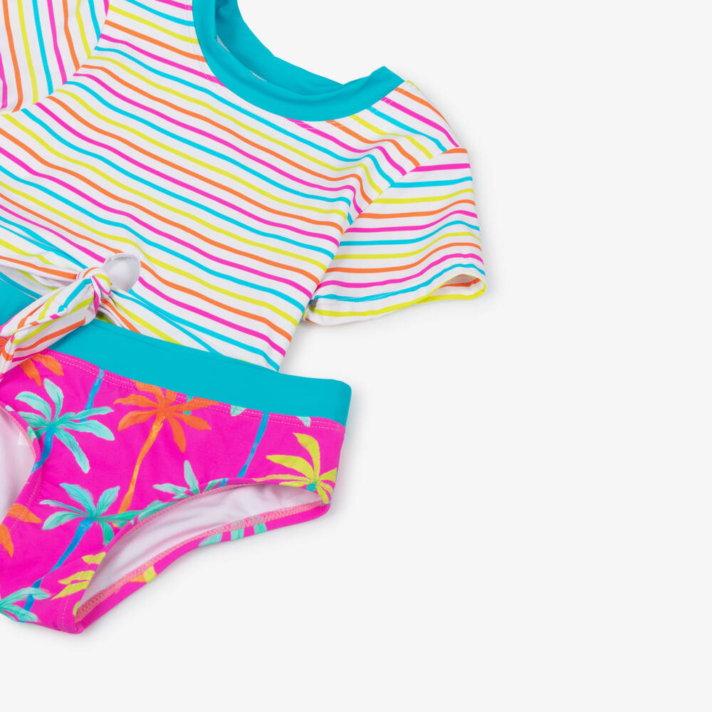 Hatley - Girls Pink Stripe & Palm Tankini (UPF50+) | Childrensalon