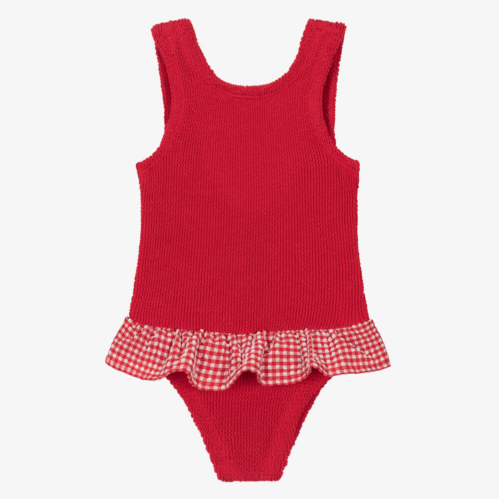 Hunza G Girls Red Crinkle Swimsuit With Gingham Frill Childrensalon