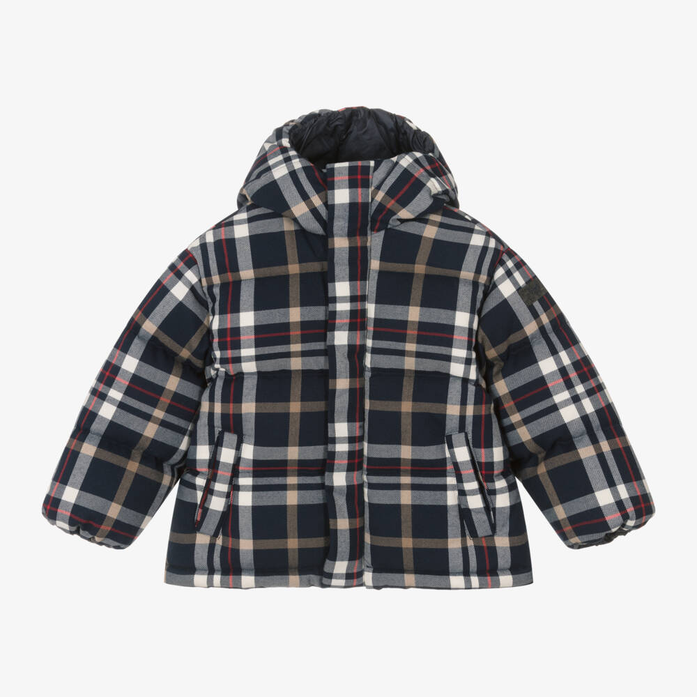 Il Gufo - Boys Blue Tartan Down Puffer Jacket | Childrensalon