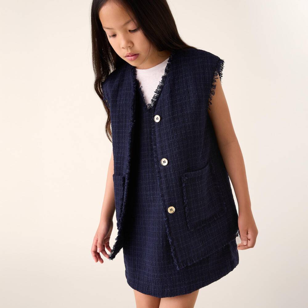 Il Gufo - Girls Navy Blue Tweed Gilet | Childrensalon