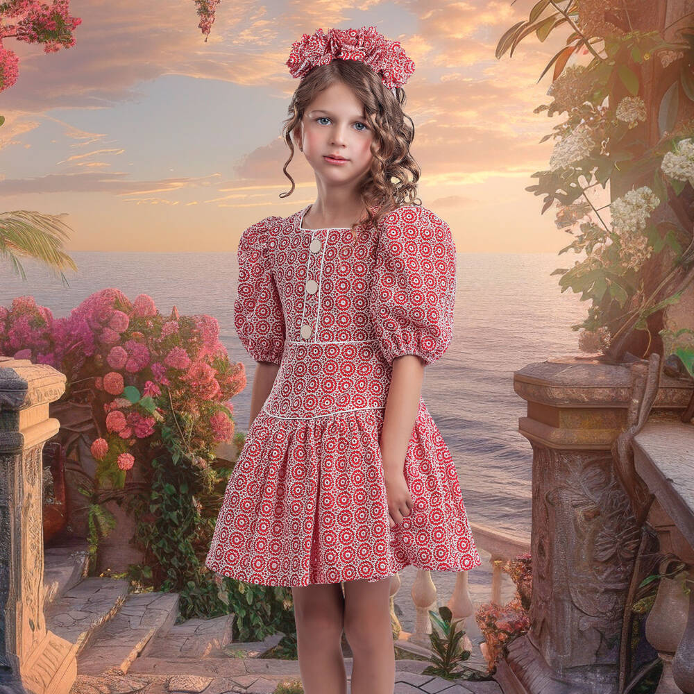 Irpa - Girls Red Embroidered Cotton Cutwork Dress | Childrensalon