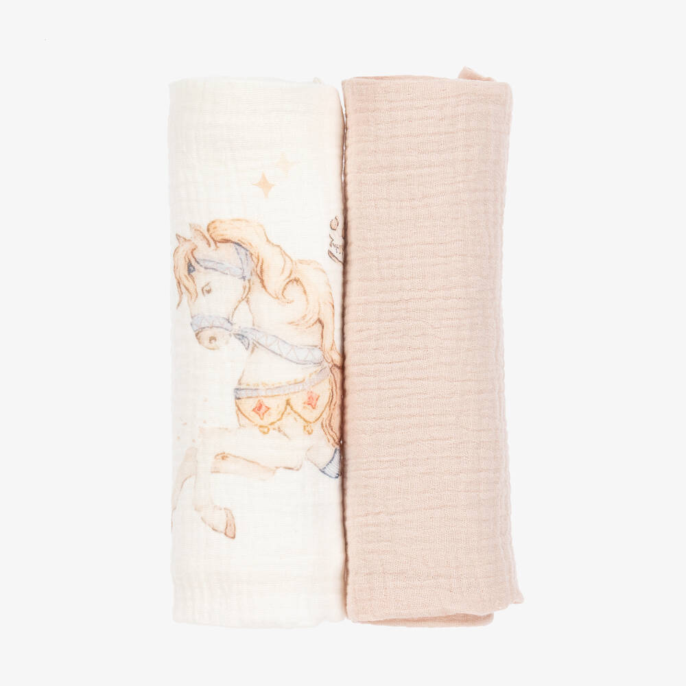 Jamiks - Girls Beige Cotton Horse Muslins (2 Pack) | Childrensalon