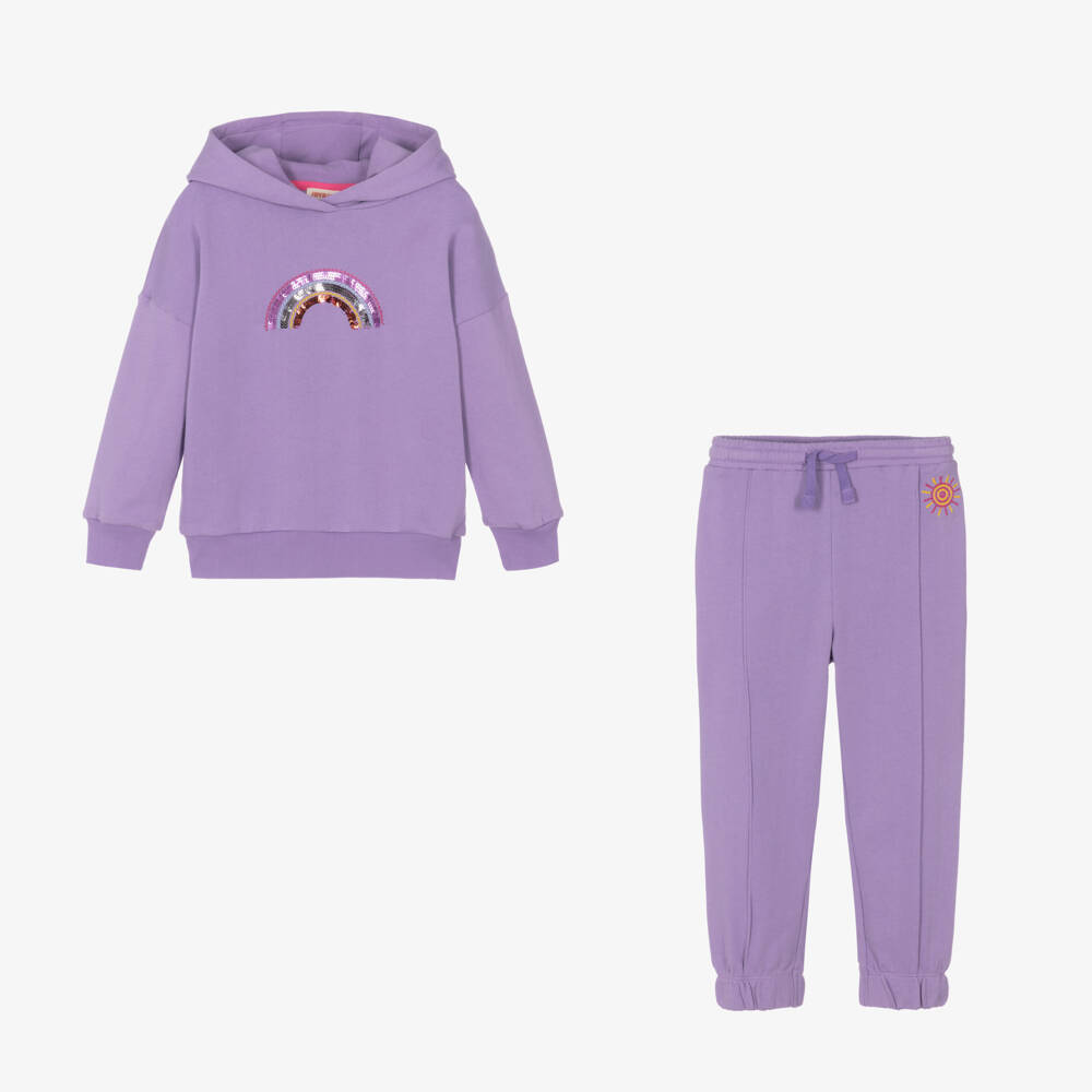 Joyday - Girls Purple Cotton Sequin Rainbow Tracksuit | Childrensalon