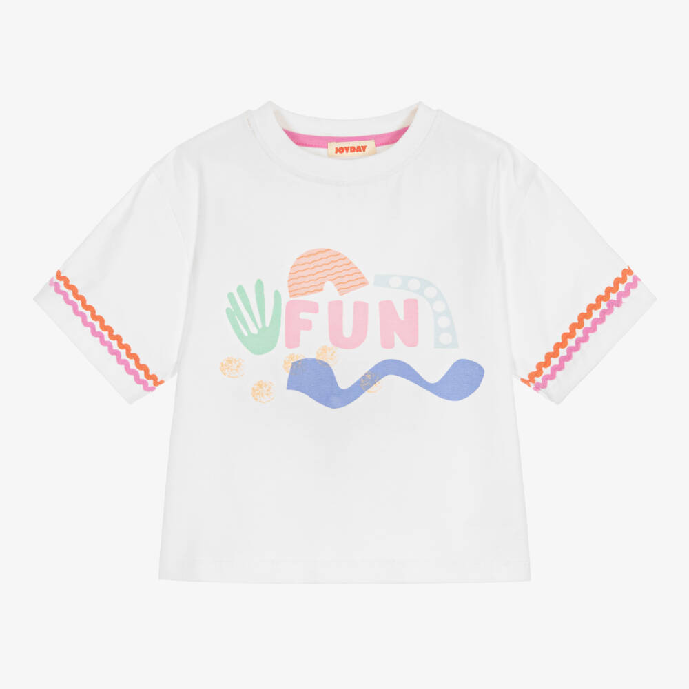 Joyday - Girls White & Pink Cotton Fun T-Shirt | Childrensalon