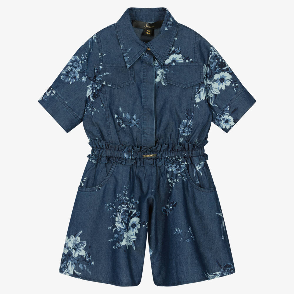 Junona - Girls Blue Floral Chambray Playsuit | Childrensalon