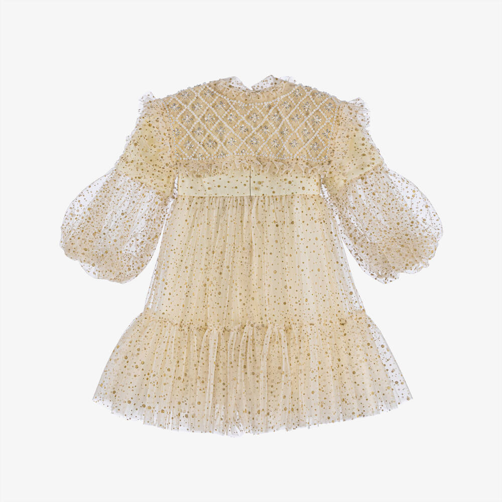 Junona - Girls Glittery Gold Tulle Dress & Cape Set | Childrensalon