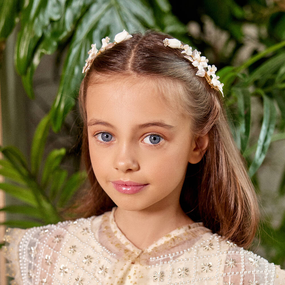 Junona - Girls Ivory & Gold Flower Hair Clips (2 Pack) | Childrensalon