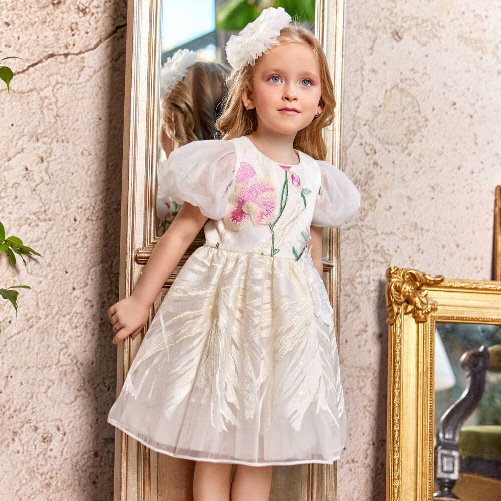Junona - Girls White Embroidered Tulle Dress | Childrensalon