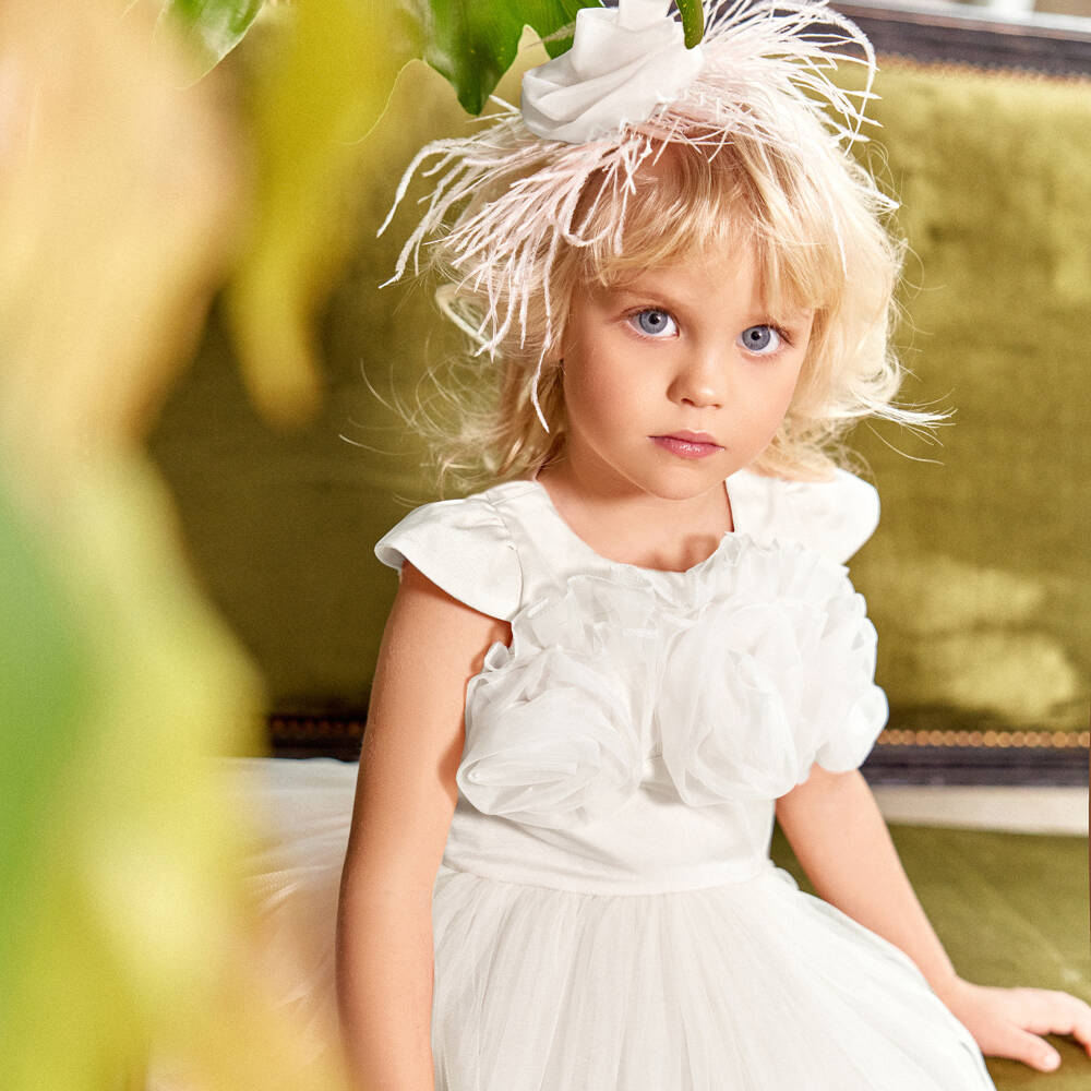 Junona - Girls White Flower Bodice Tulle Dress | Childrensalon